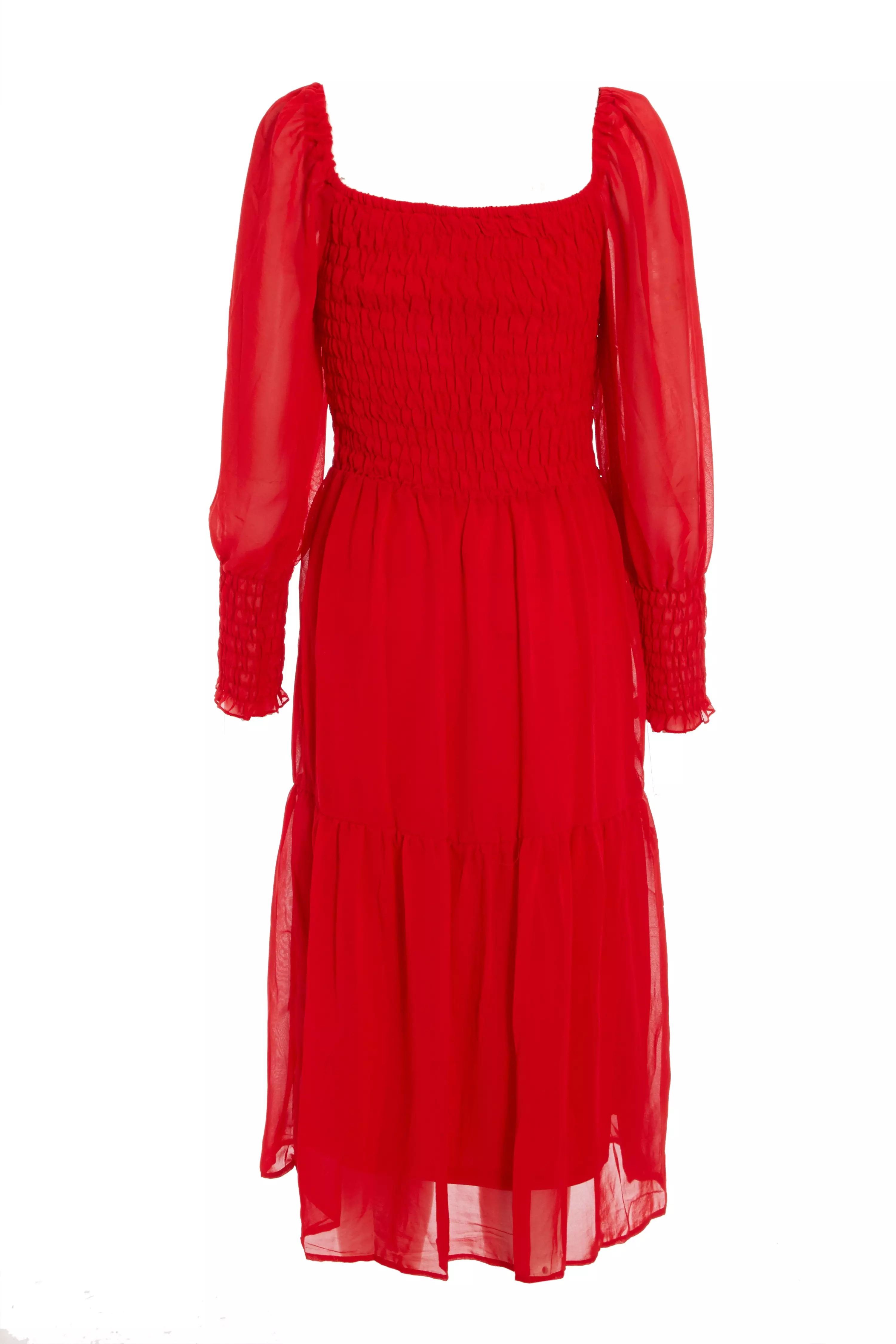Red Chiffon Shirred Tiered Midi Dress Quiz Clothing