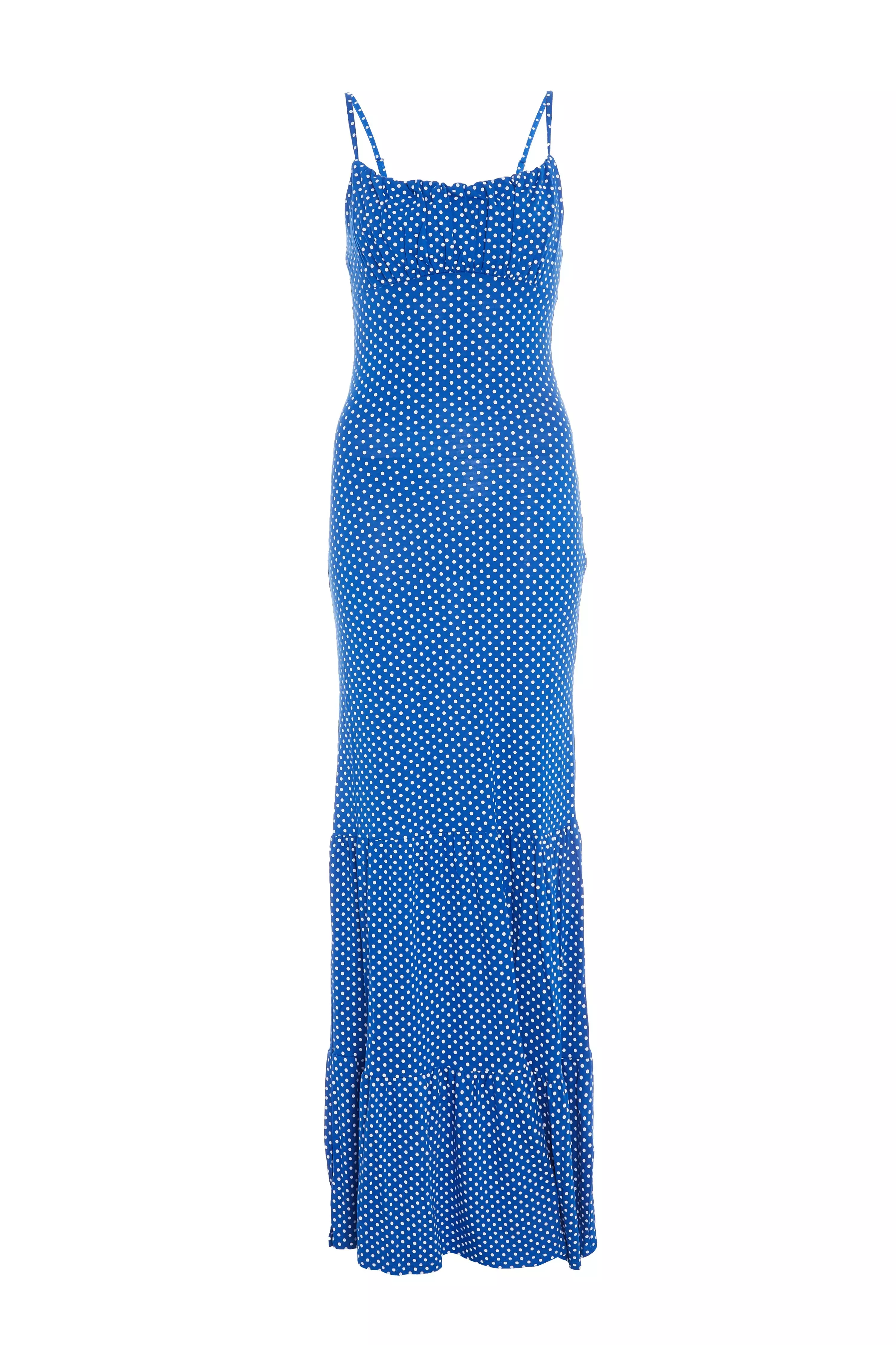 Blue Polka Dot Ruched Maxi Dress Quiz Clothing
