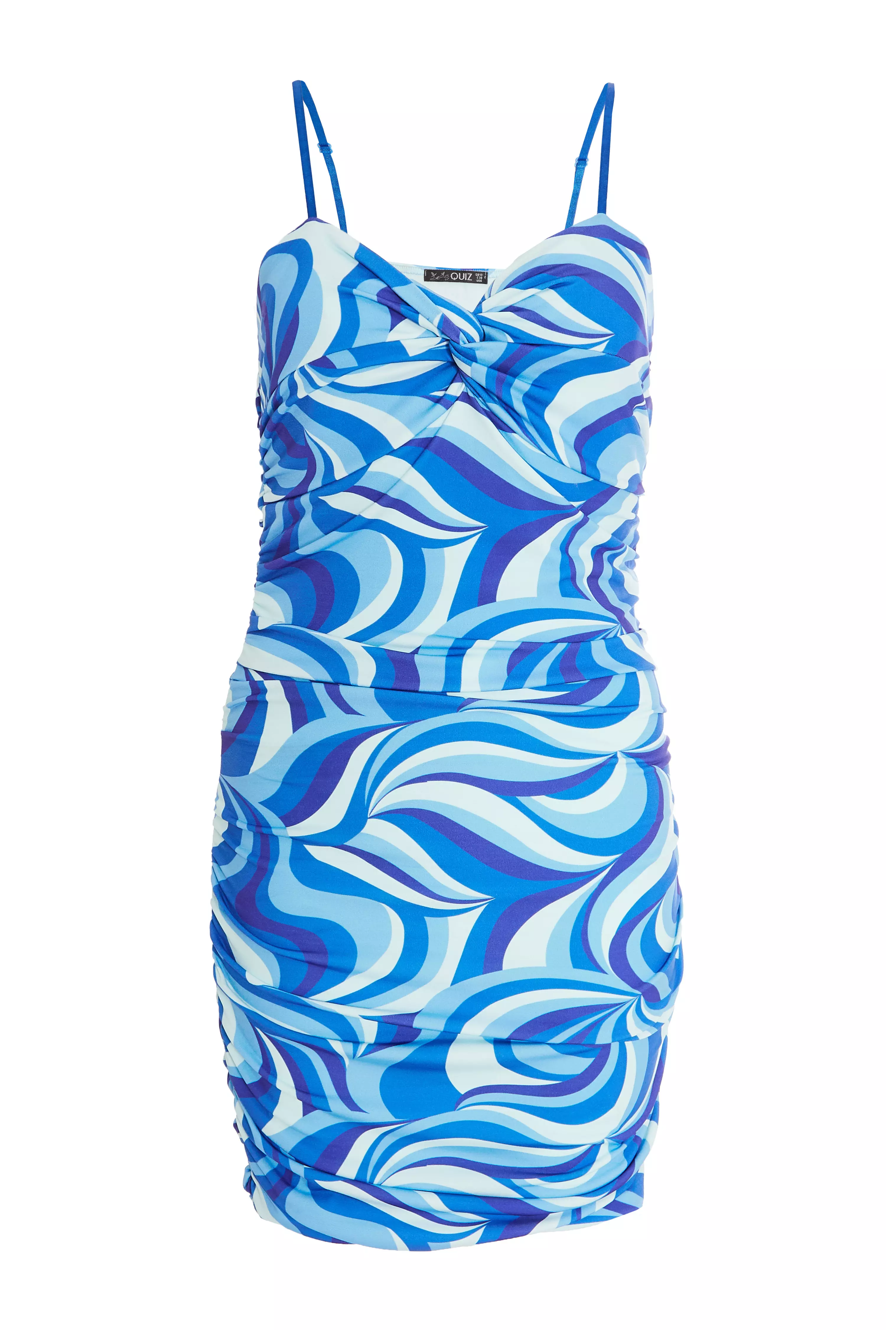 Blue Swirl Print Ruched Mini Dress Quiz Clothing