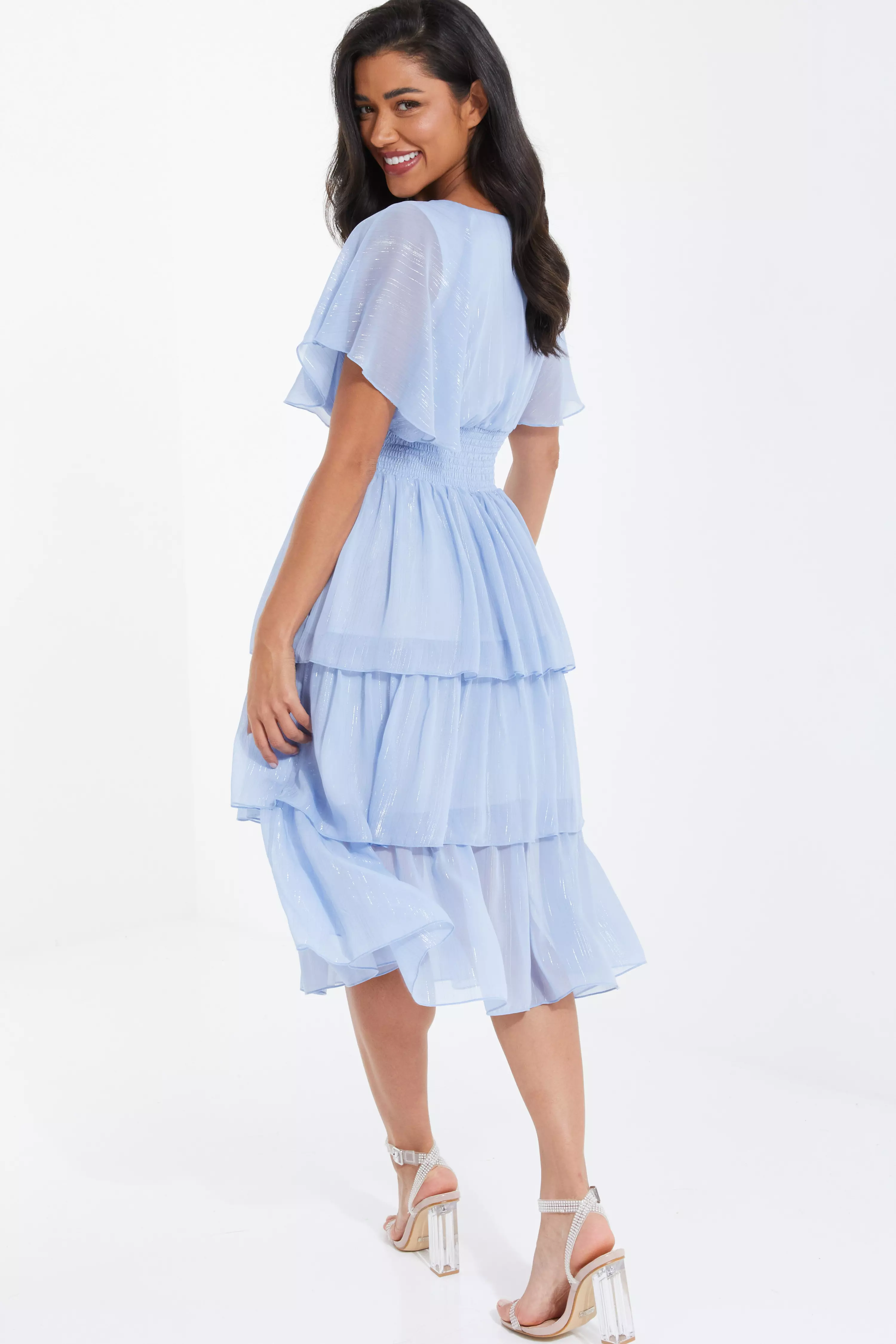 Blue Chiffon Tiered Midi Dress Quiz Clothing