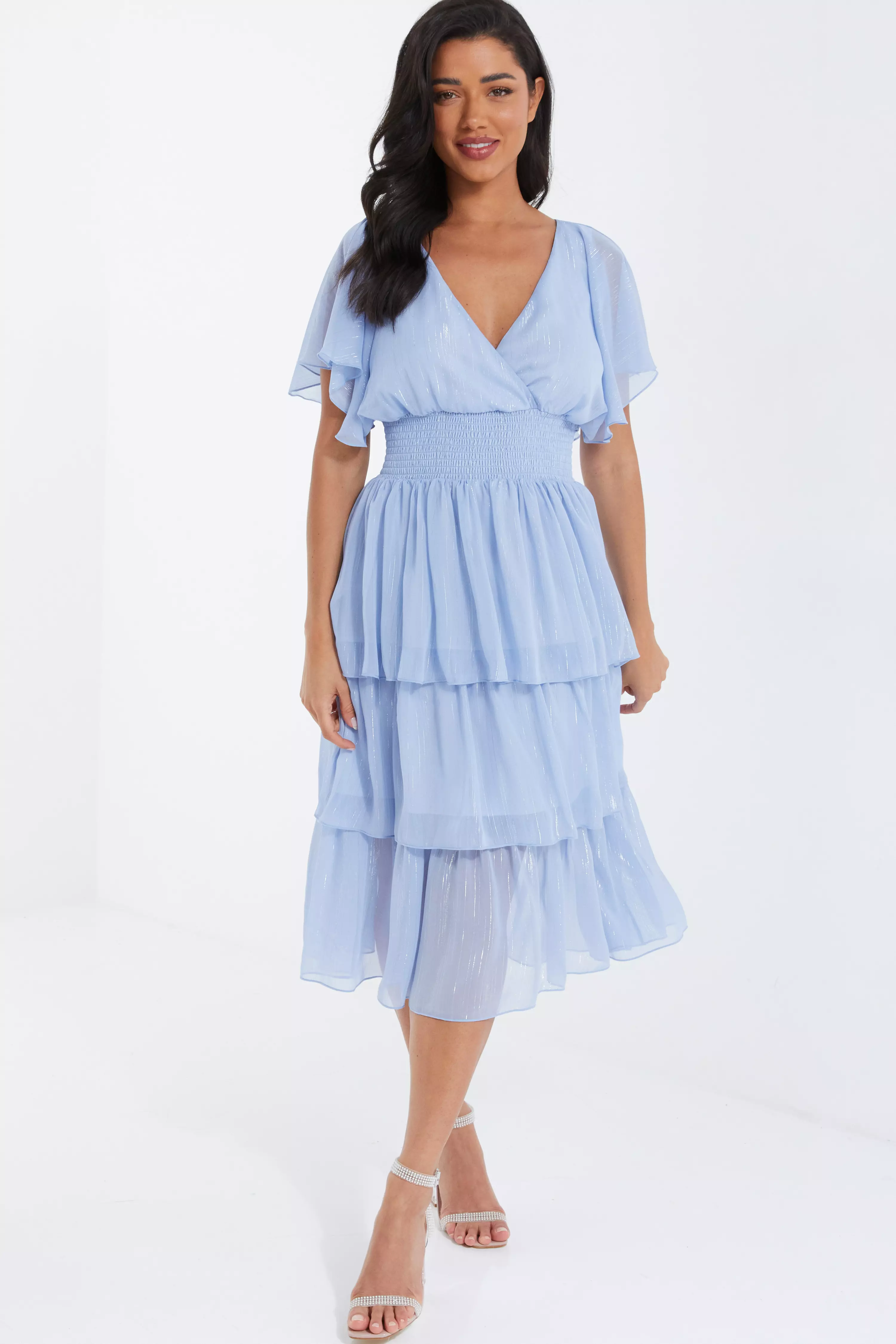Blue Chiffon Tiered Midi Dress Quiz Clothing