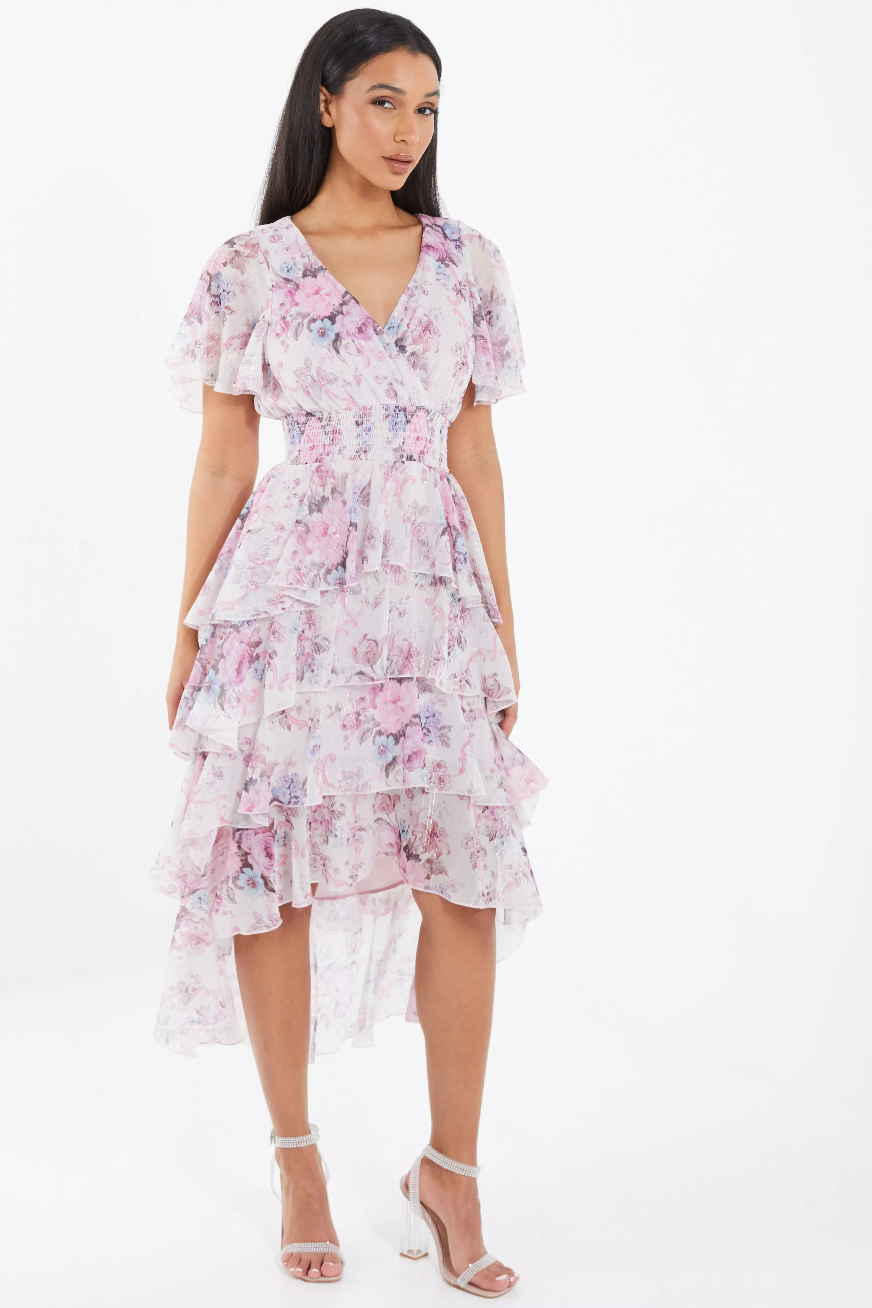 Pink Chiffon Floral Dip Hem Tiered Midi Dress Quiz Clothing