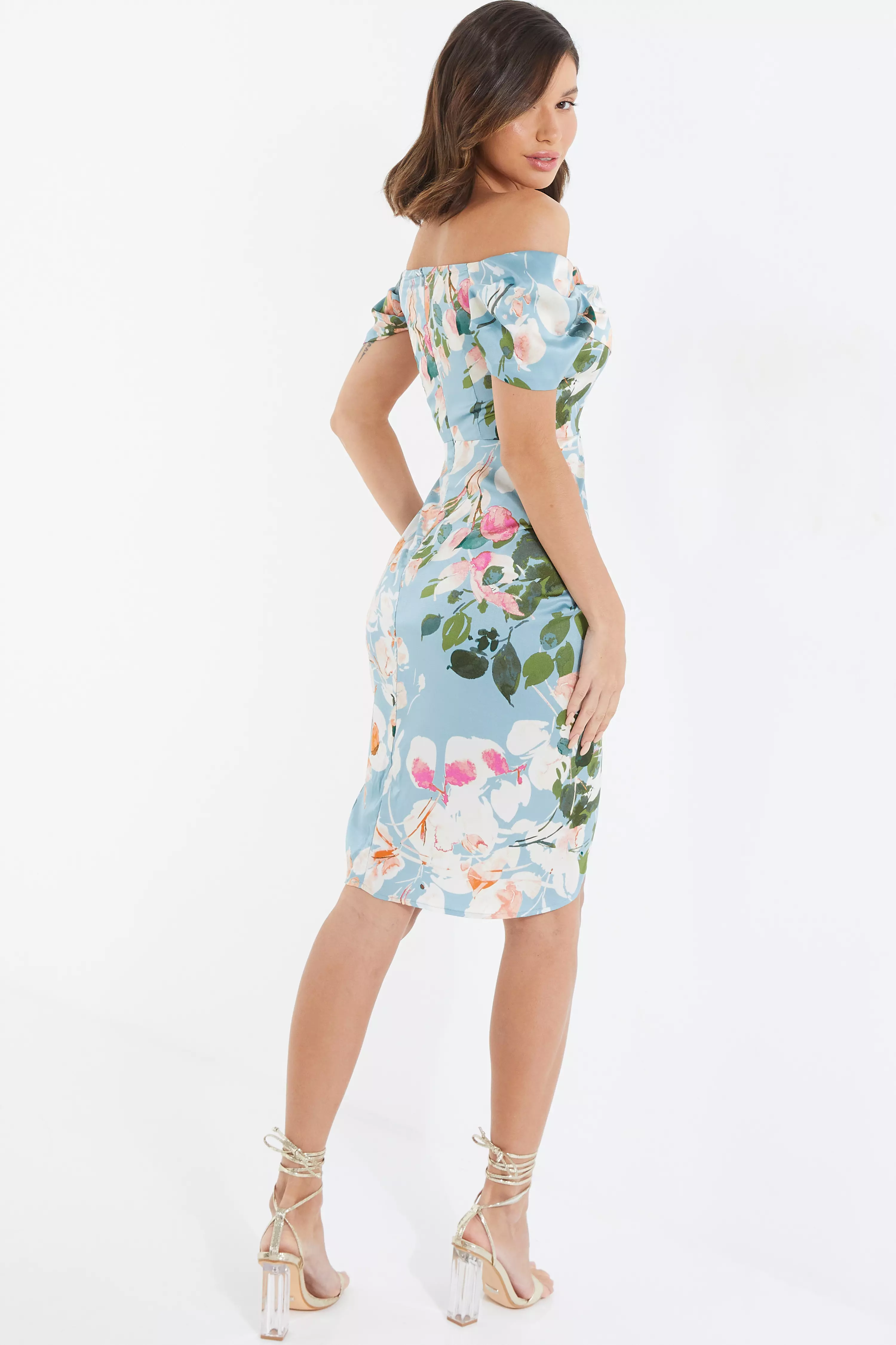 Blue Satin Floral Ruched Midi Dress Quiz Clothing