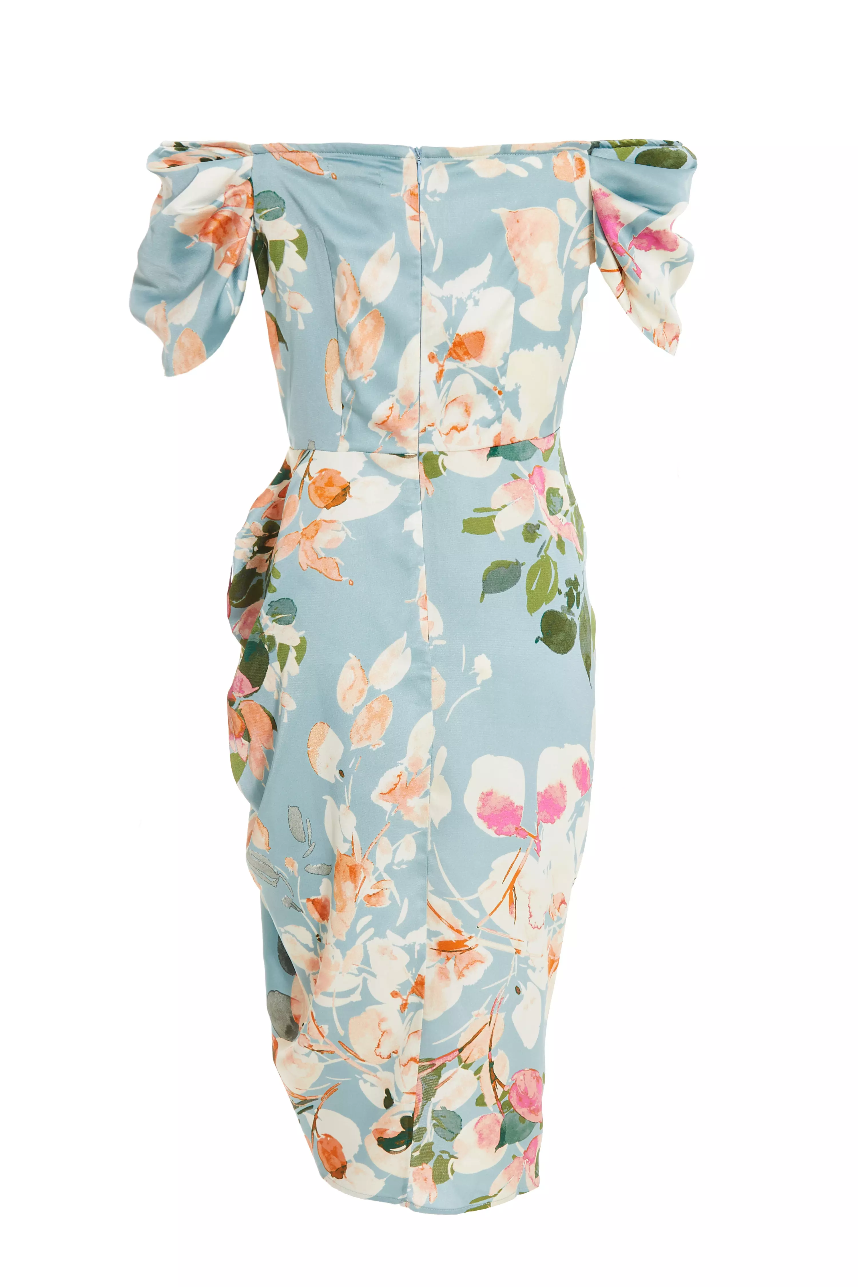 Blue Satin Floral Ruched Midi Dress Quiz Clothing