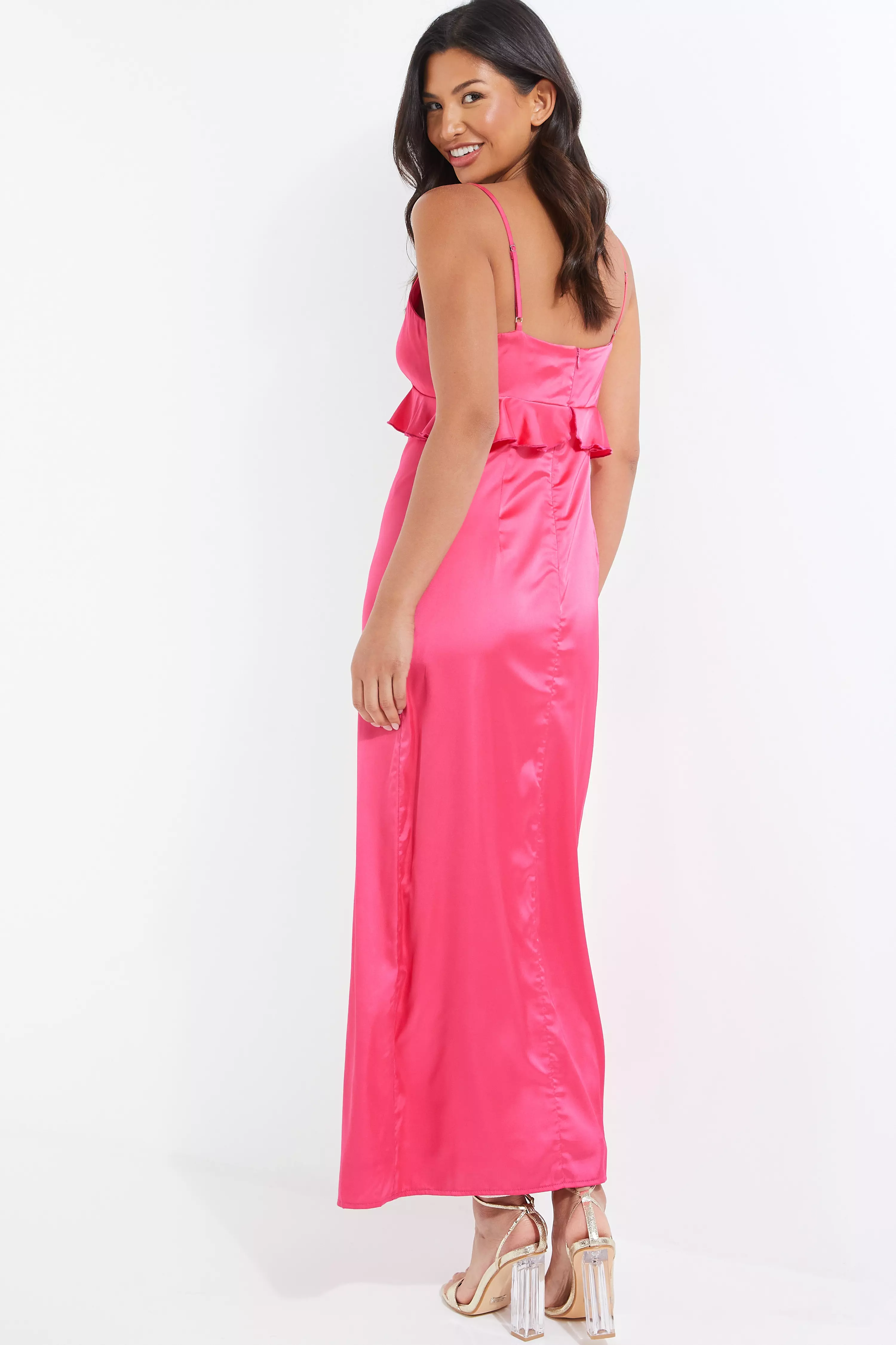 Pink Satin Frill Slip Midi Dress - QUIZ Clothing