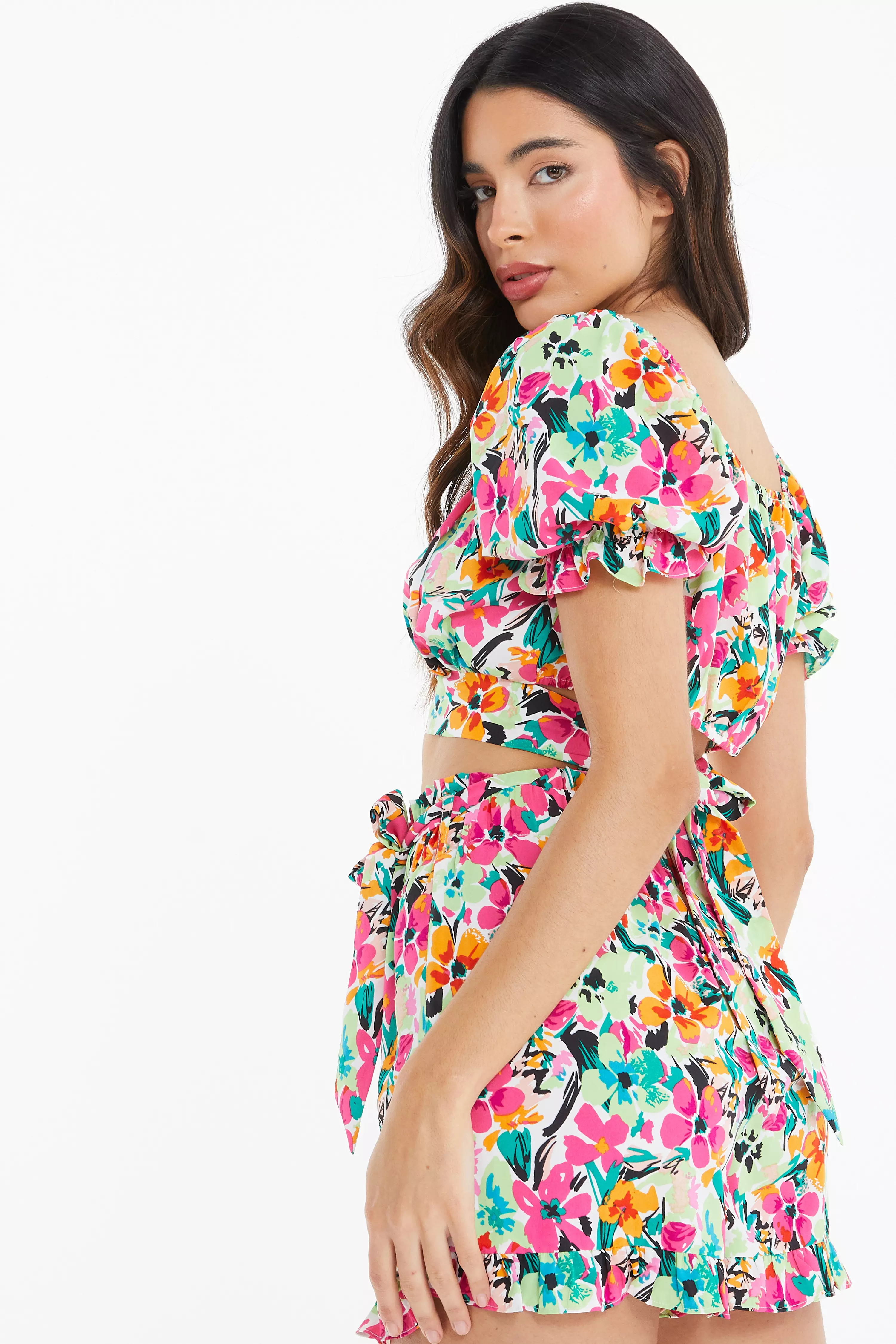 Multicoloured Floral Tie Back Crop Top Quiz Clothing