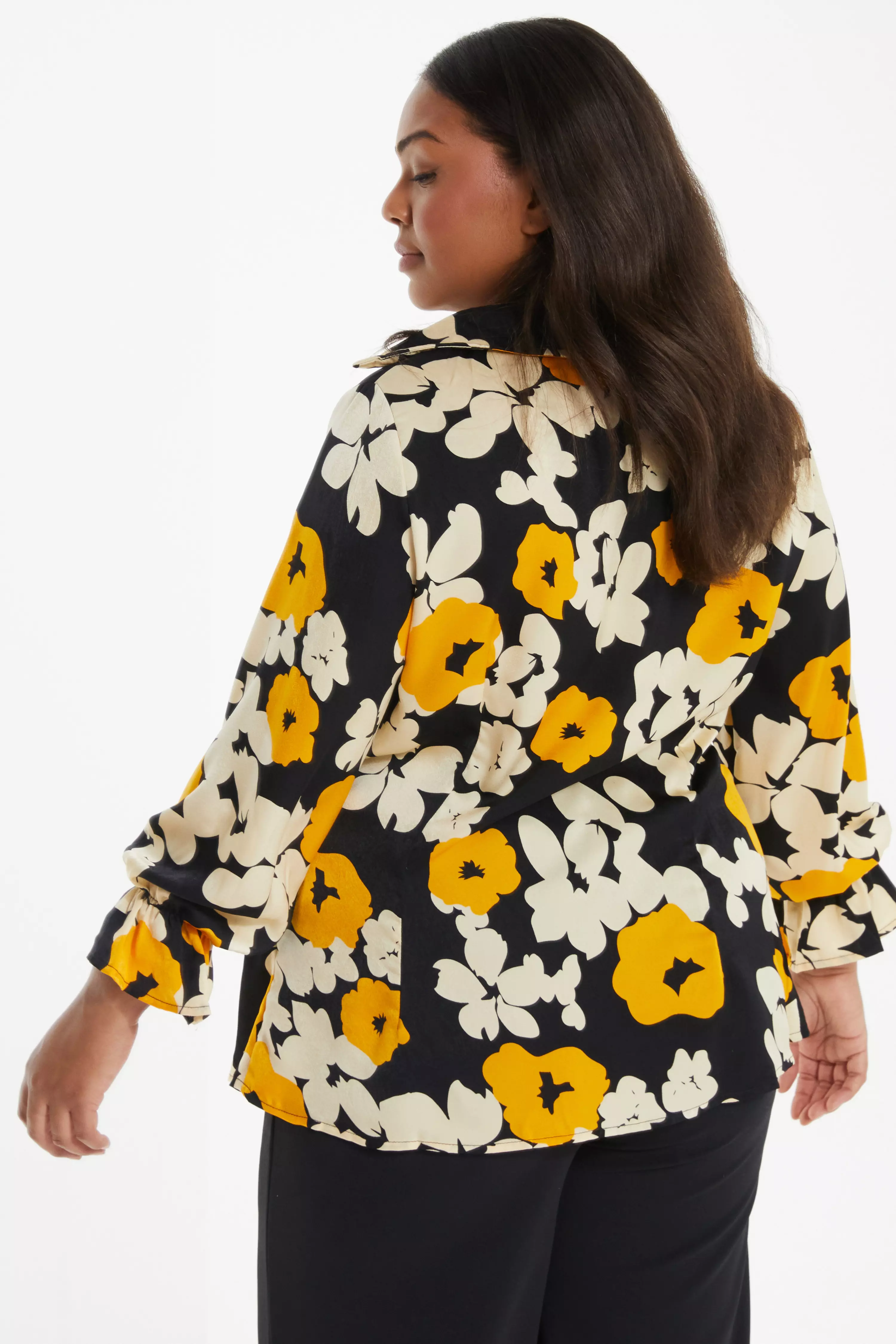 Curve Black Floral Satin Frill Cuff Blouse Quiz Clothing