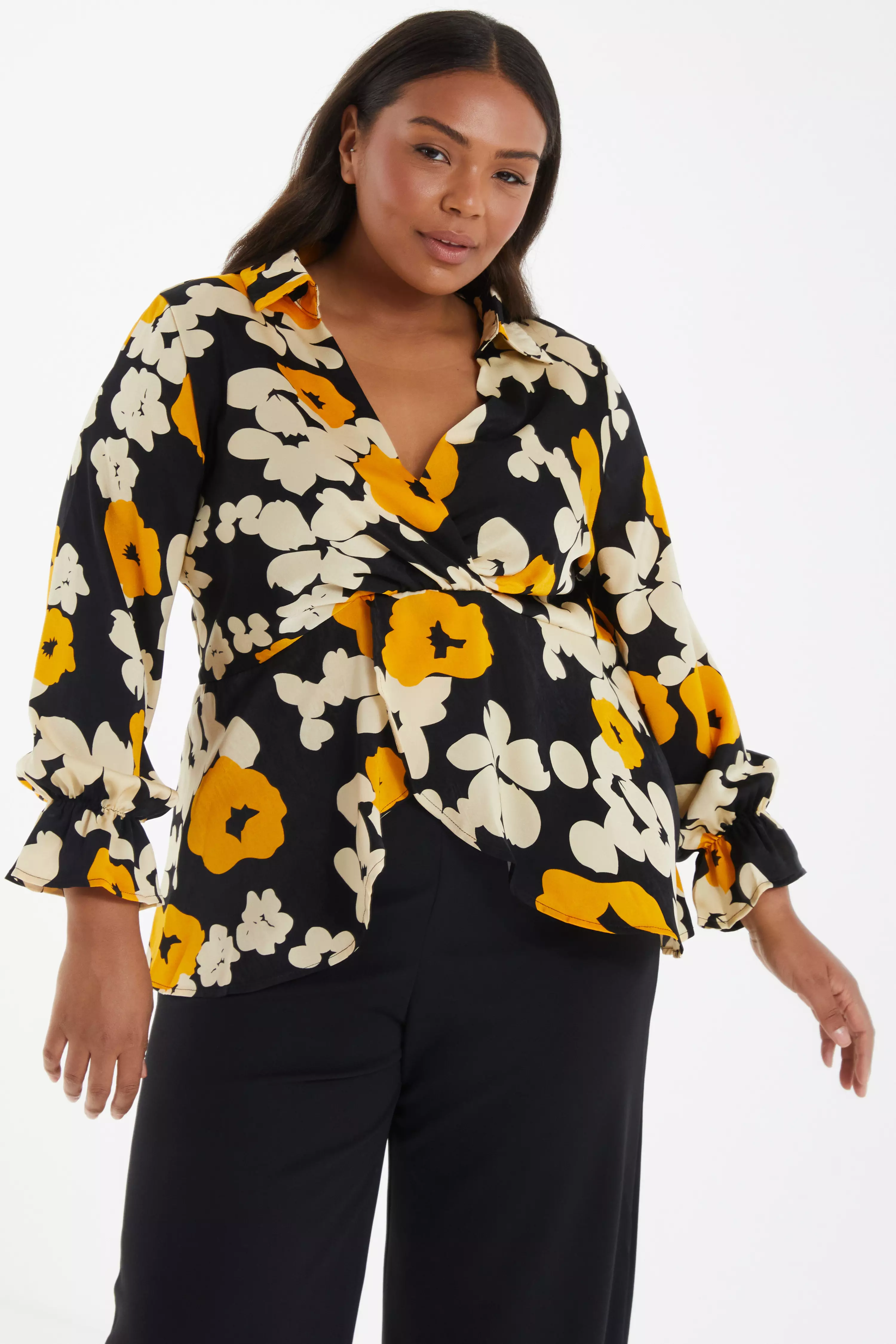 Curve Black Floral Satin Frill Cuff Blouse Quiz Clothing