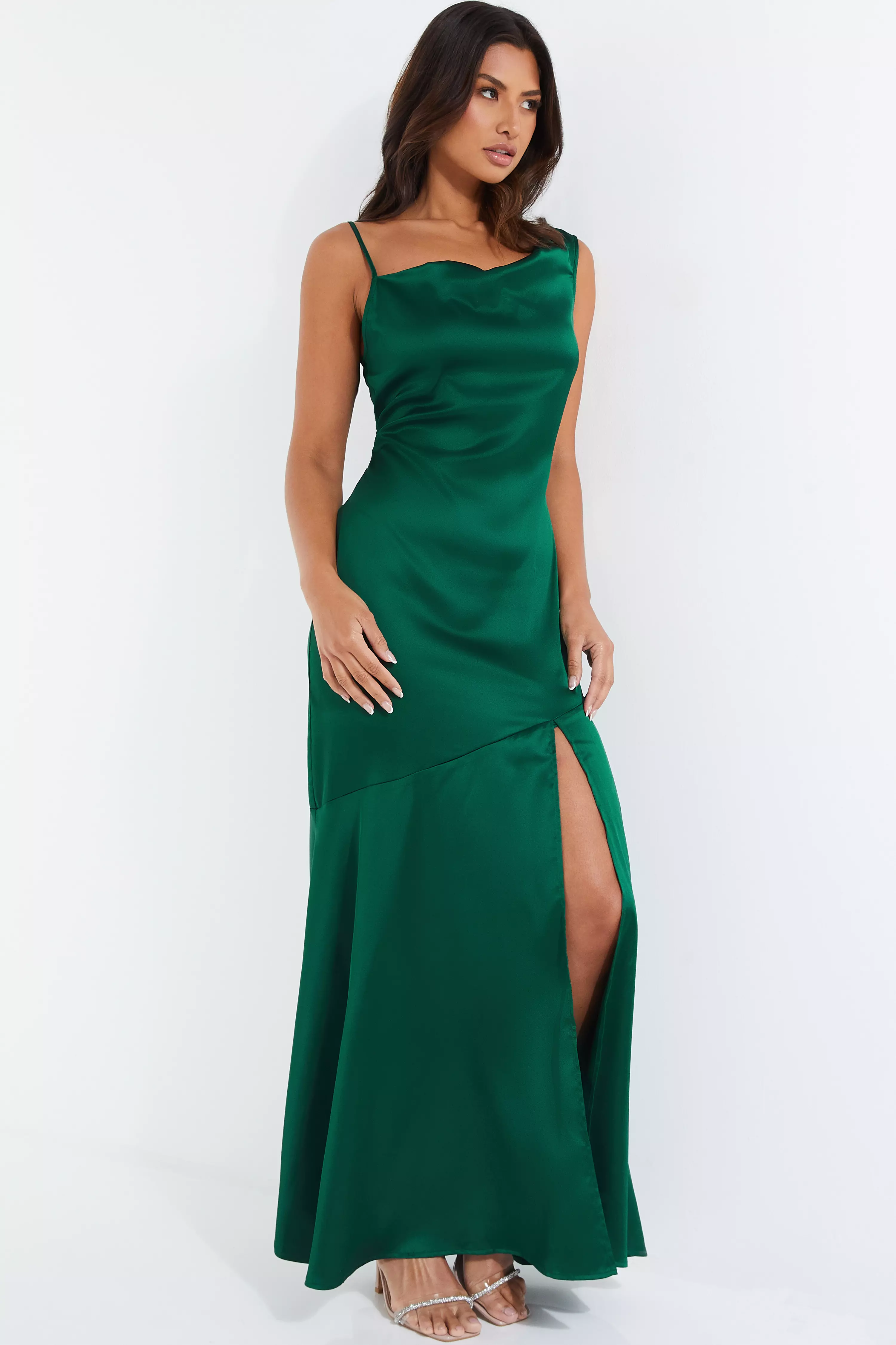 Bottle Green Satin Maxi Dress Quiz Clothing