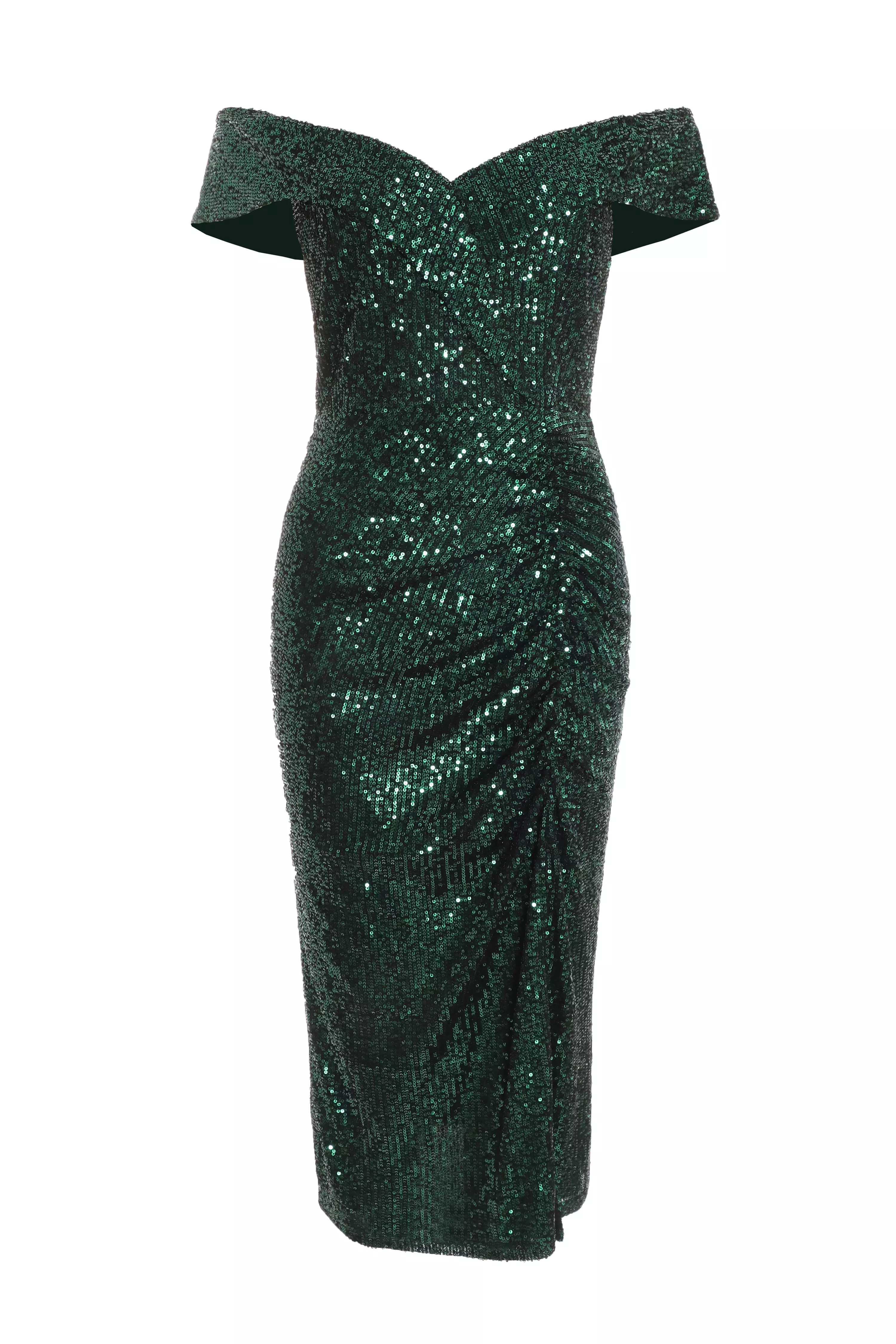 Green Sequin Bardot Split Midi Dress Quiz Clothing