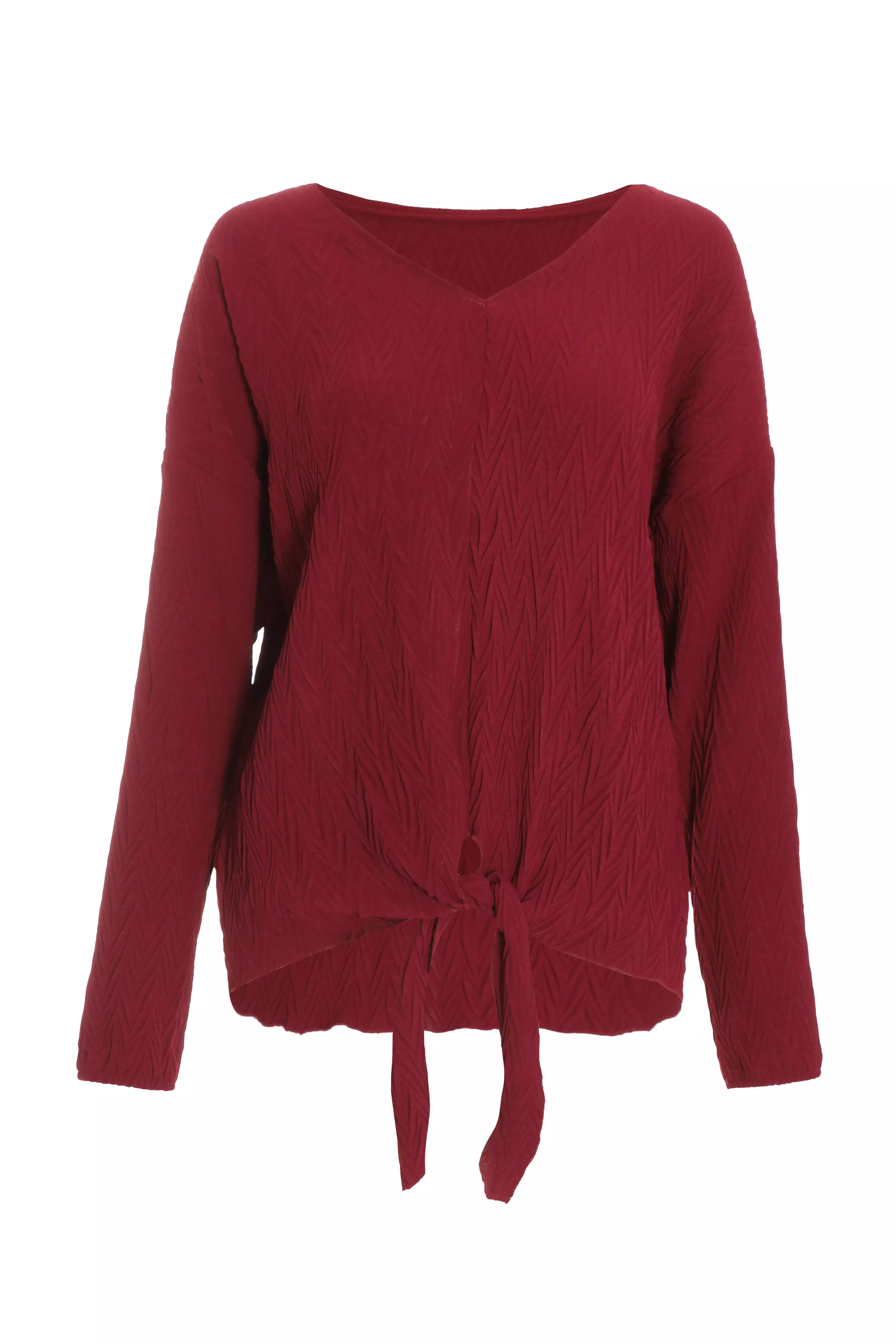 Dark Red Textured Tie Front Long Sleeve Top - QUIZ Clothing