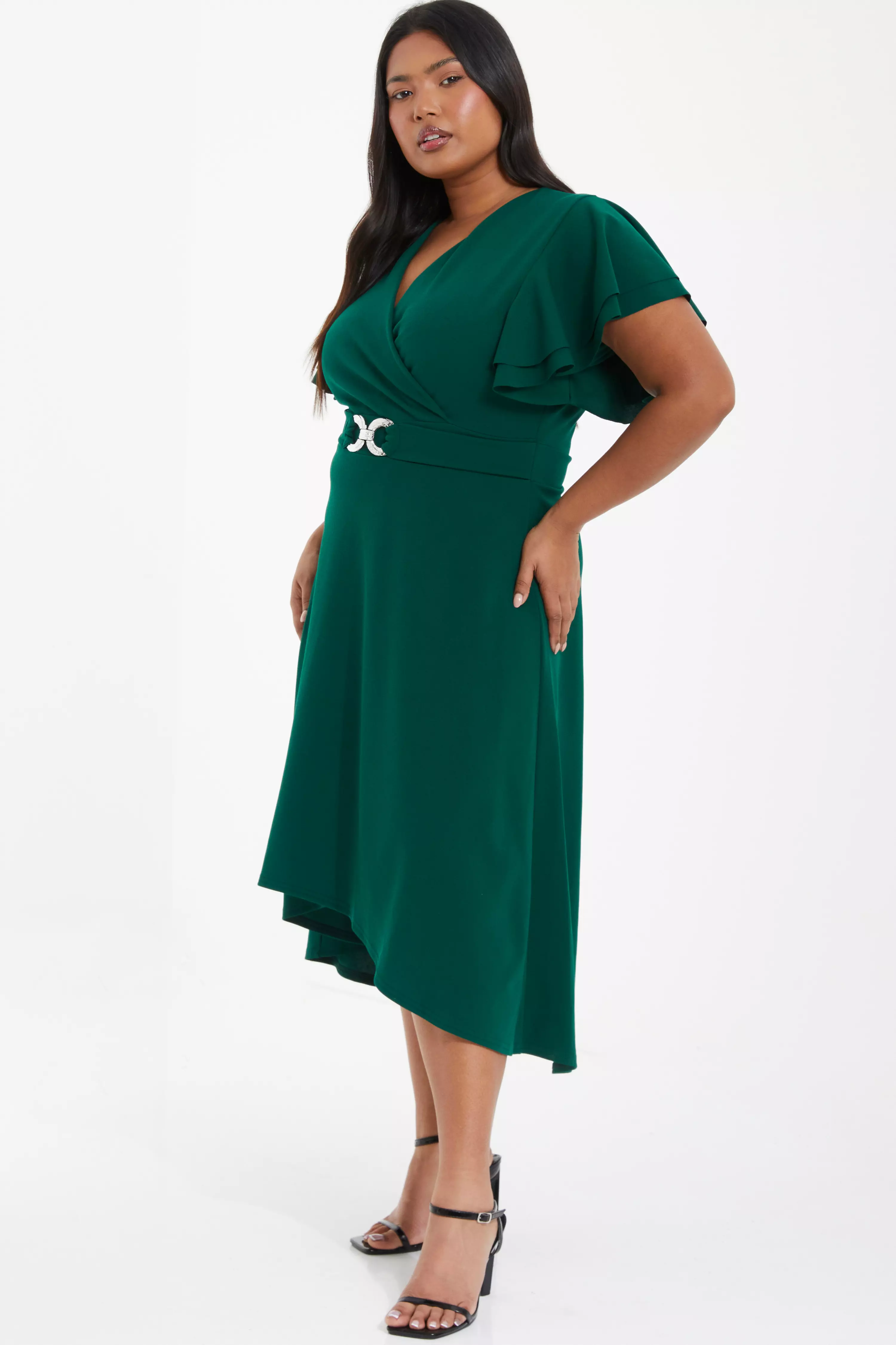 Curve Bottle Green Skater Midi Dress Quiz Clothing