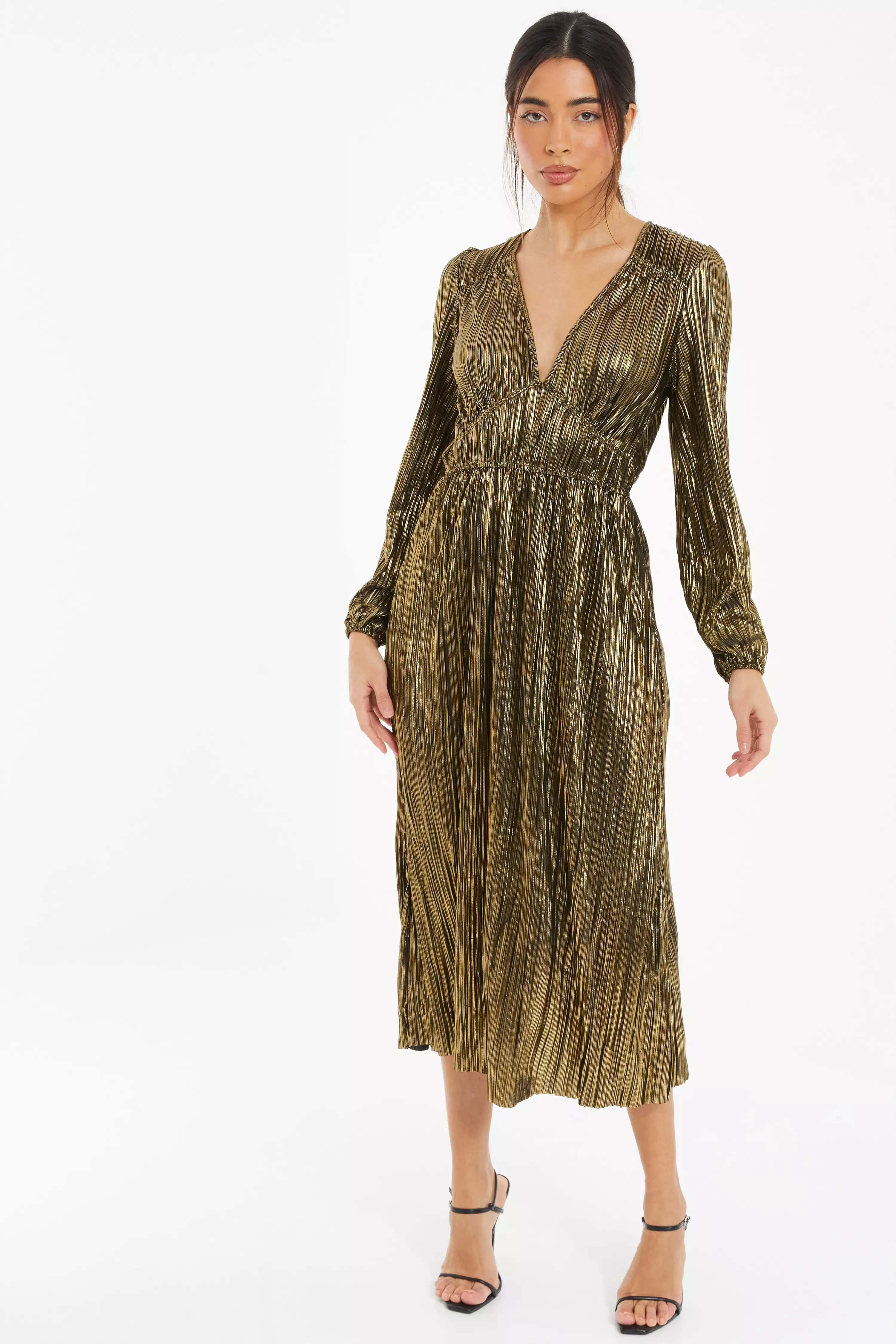 Gold Foil V Neck Midi Dress Quiz Clothing