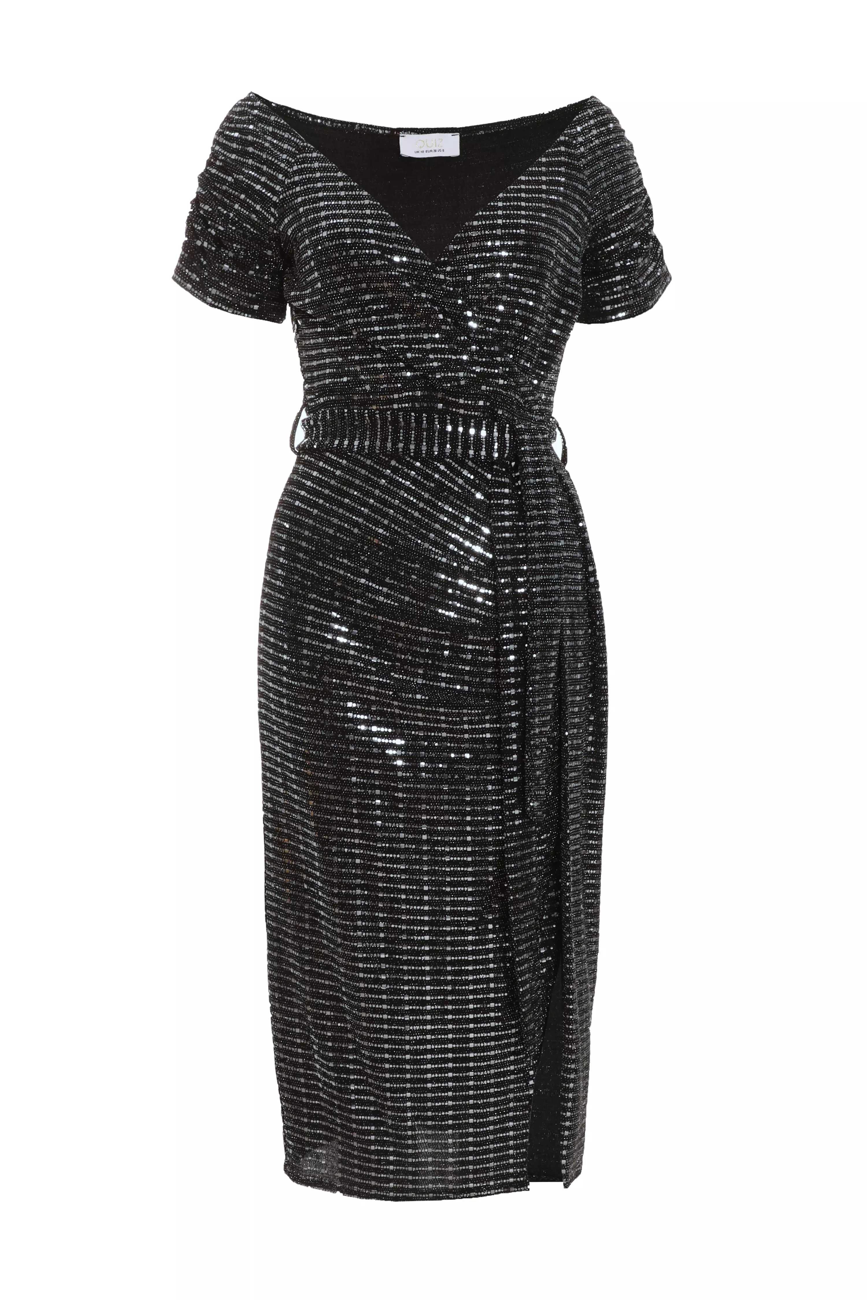 Grey Glitter Bardot Wrap Midi Dress Quiz Clothing