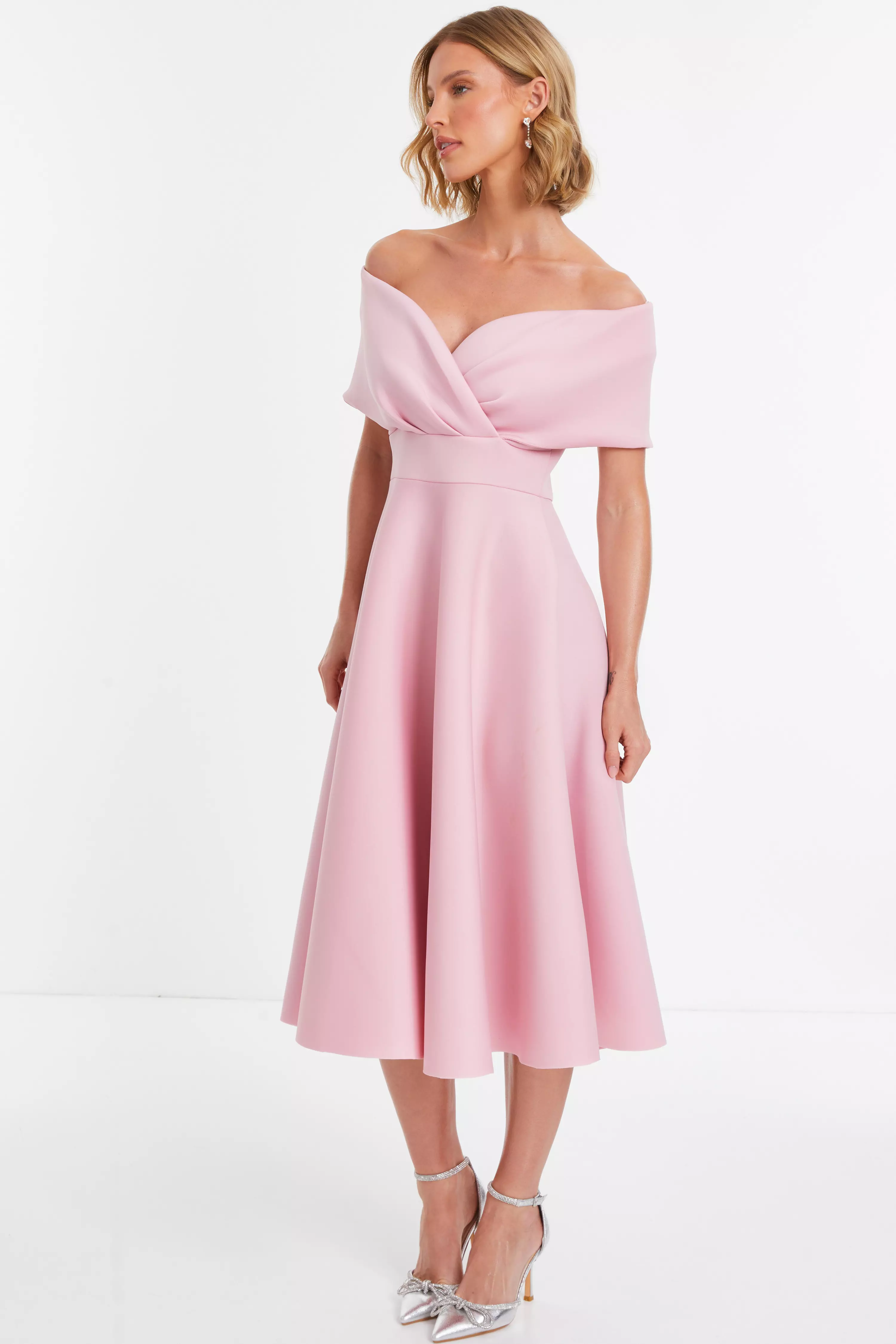 Pink Bardot Skater Midi Dress Quiz Clothing