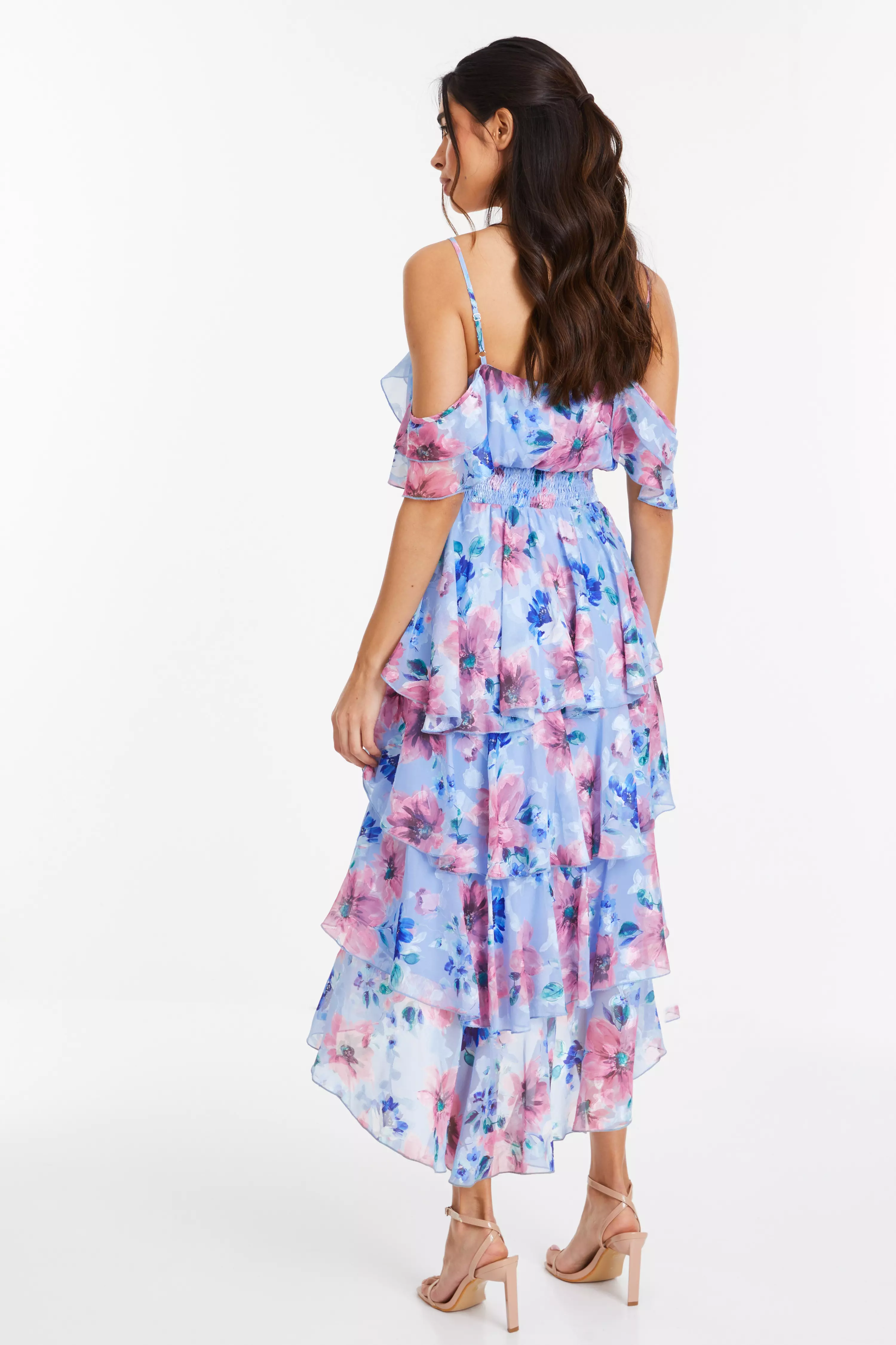 Pink Floral Chiffon Tiered Midi Dress Quiz Clothing
