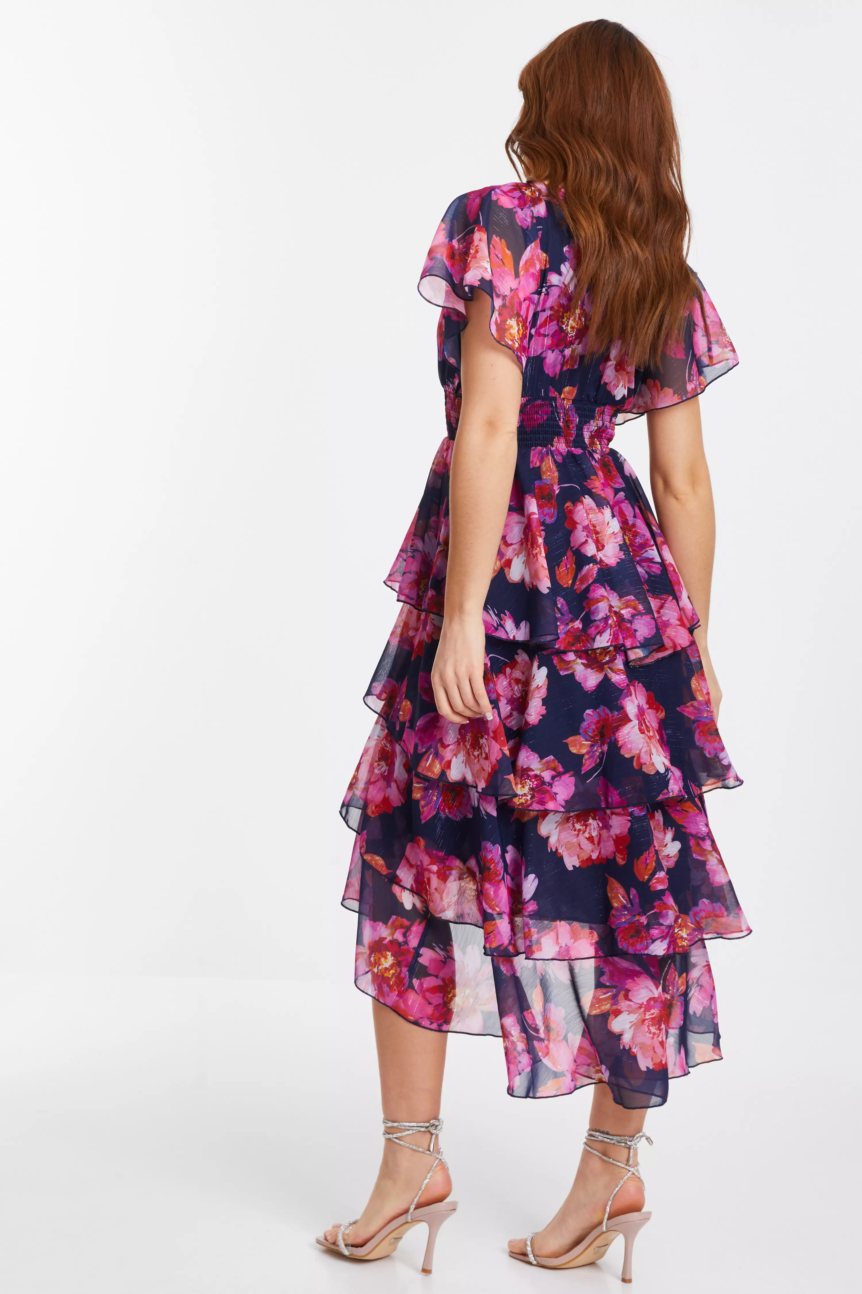 Navy Chiffon Floral Dip Hem Tiered Midi Dress Quiz Clothing
