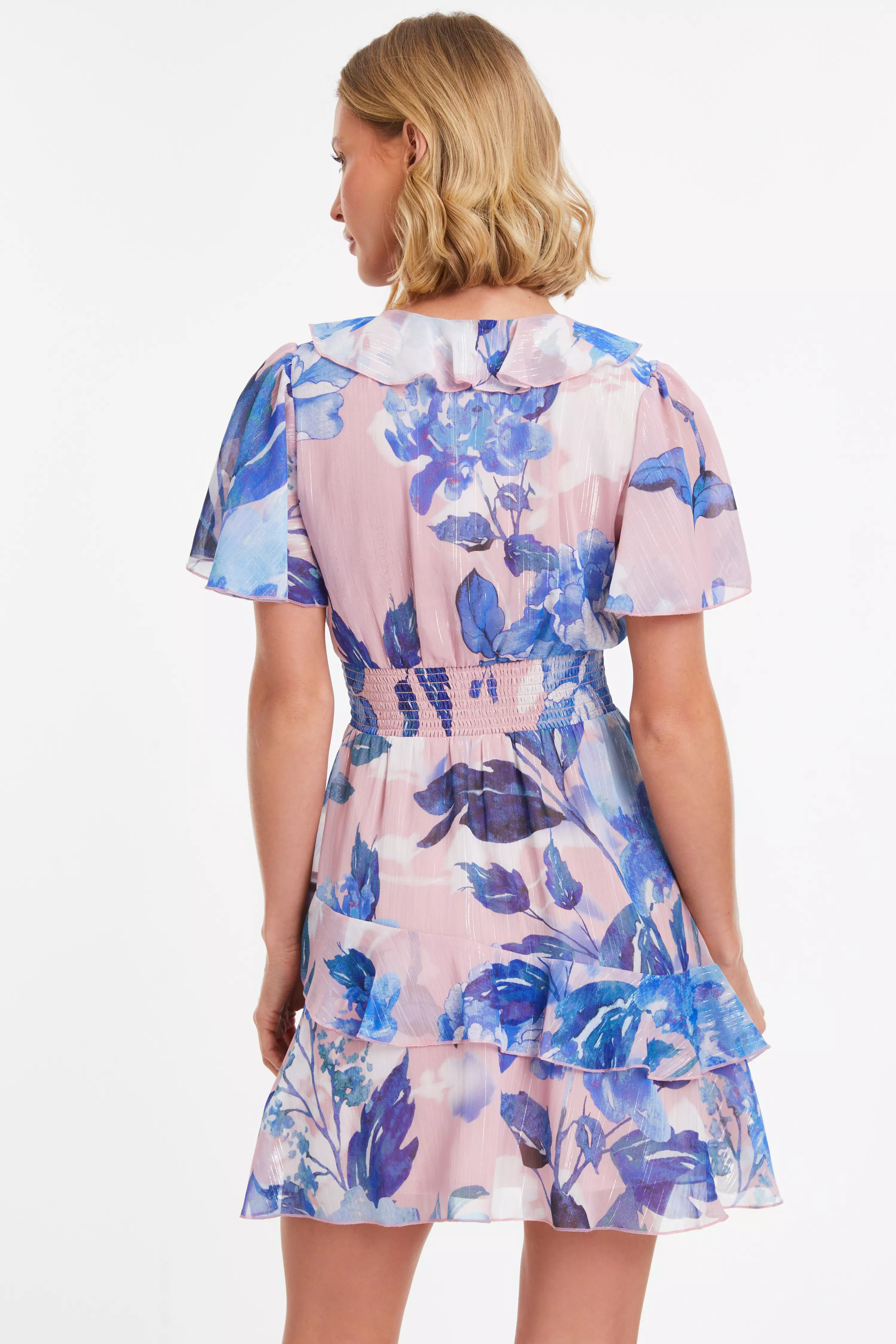 Blue Chiffon Floral Tiered Skater Mini Dress Quiz Clothing