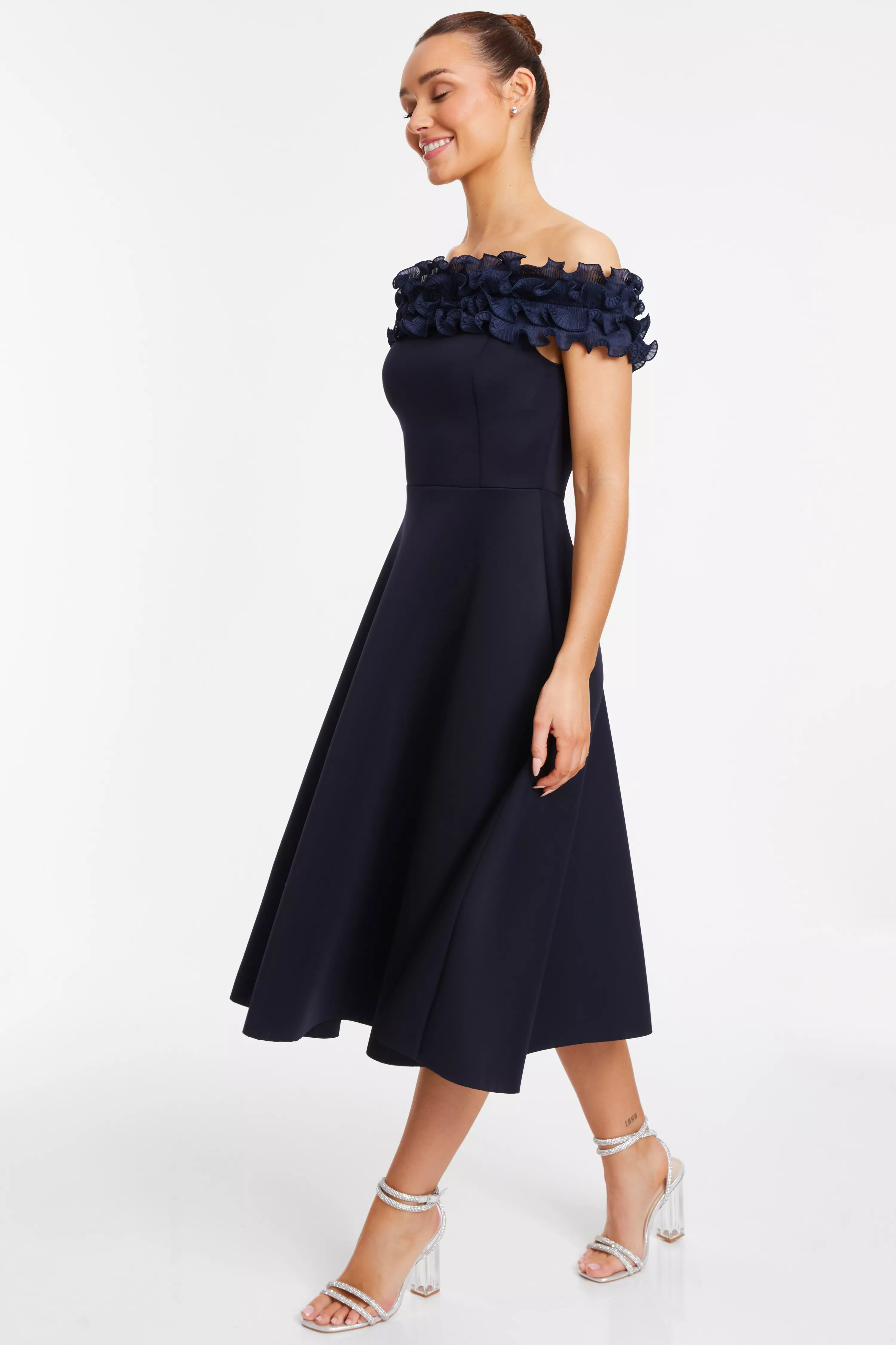 Navy Bardot Ruffle Skater Midi Dress Quiz Clothing
