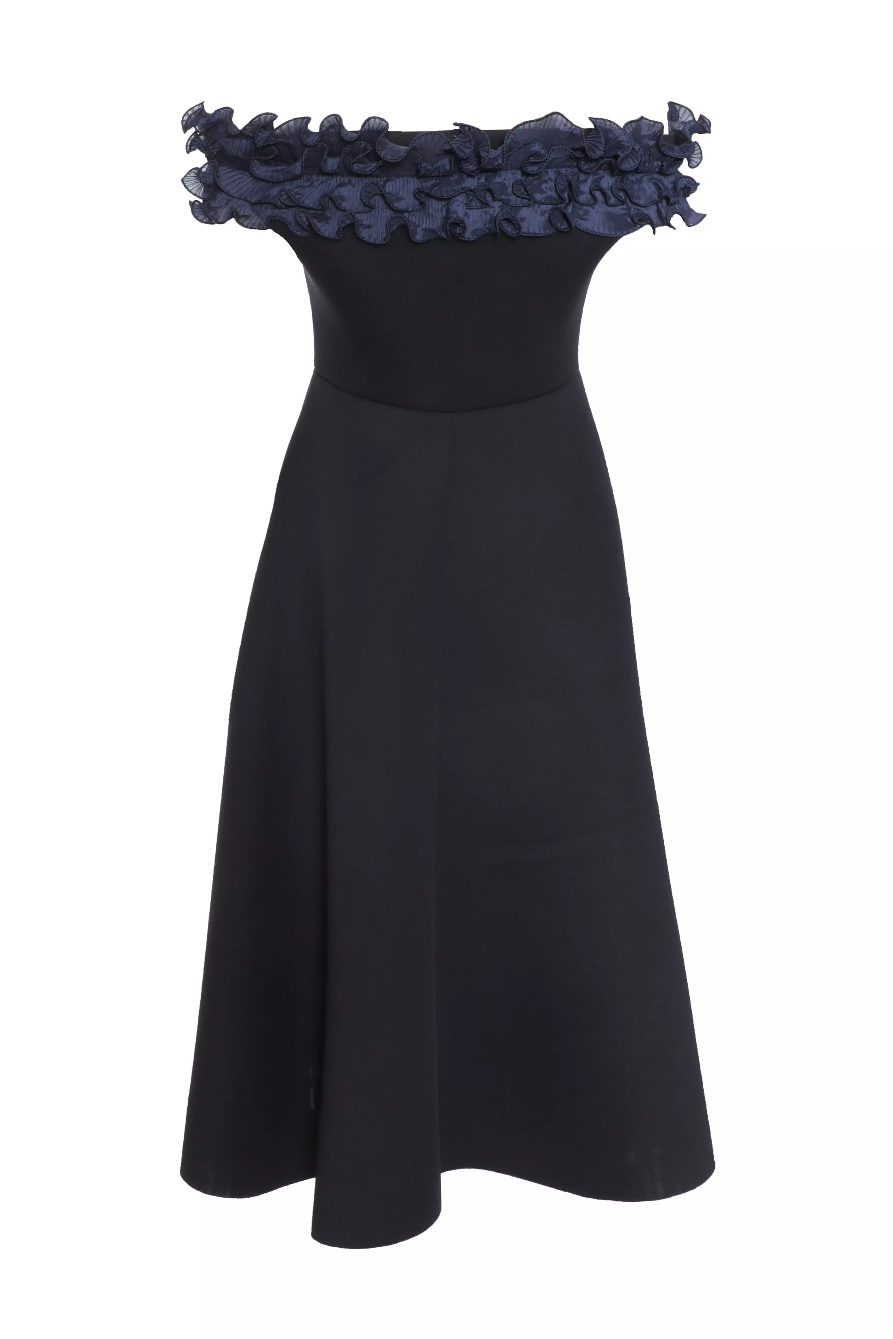 Navy Bardot Ruffle Skater Midi Dress Quiz Clothing